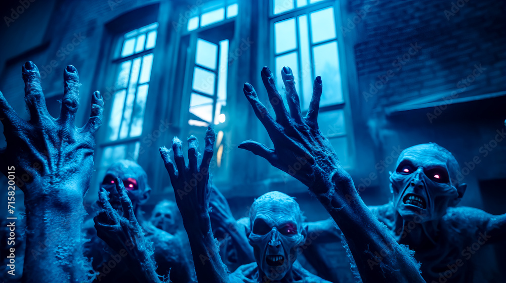 Group of zombies with their hands up in front of open window. Stock ...
