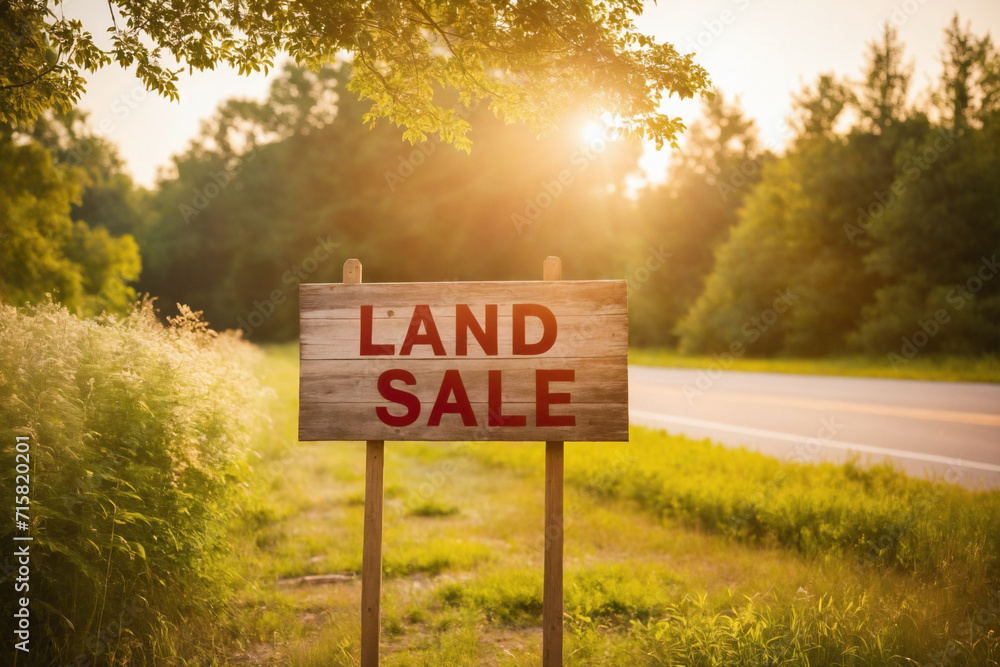 Land for sale sign. Real estate image. Wooden sign symbolizes sale of ...