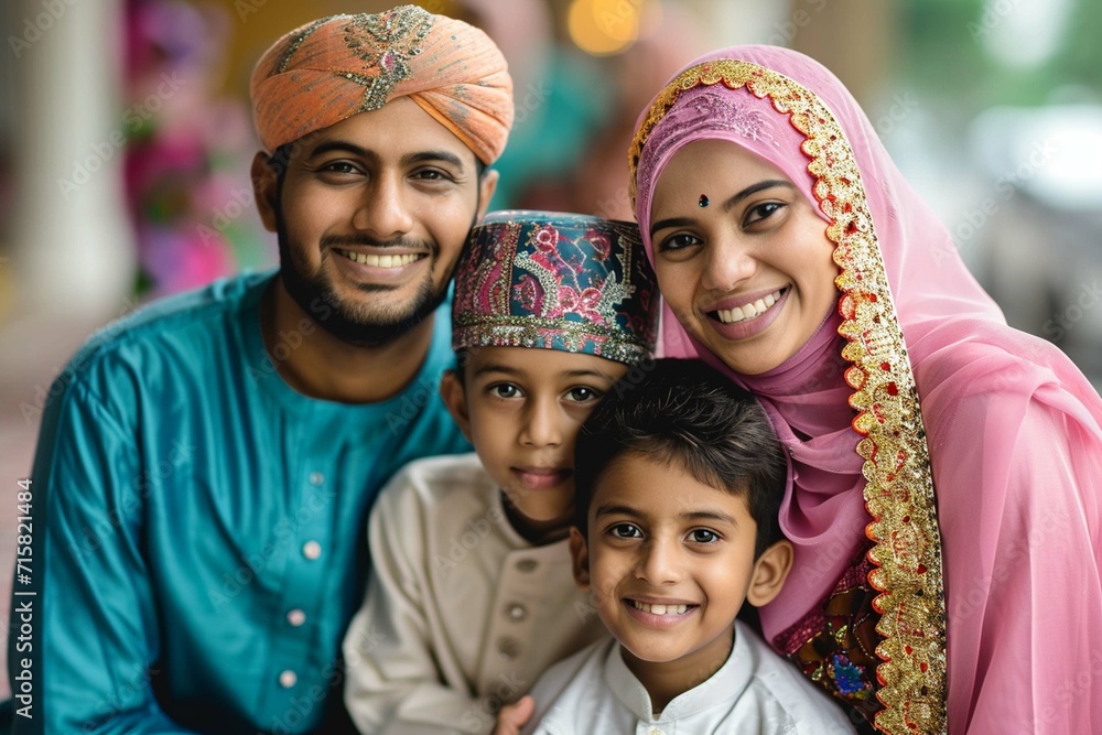 Happy smiling Indian Muslim parents with kids looking at camera during ...