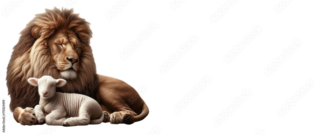 cute white lamb sleeping peacefully in a lion's protection. Living in ...