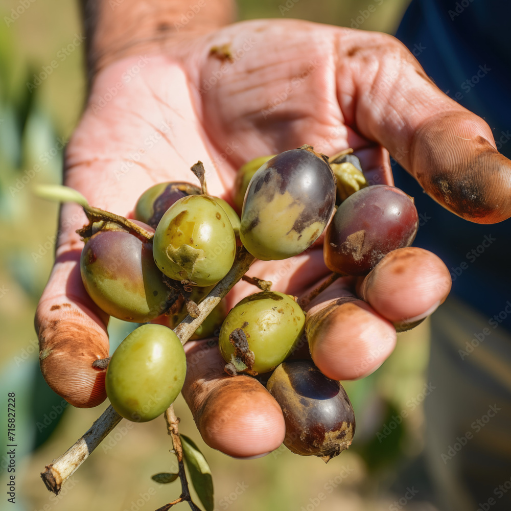 woman holds a rotten, spoiled crop, overripe olive with dirty peel ...