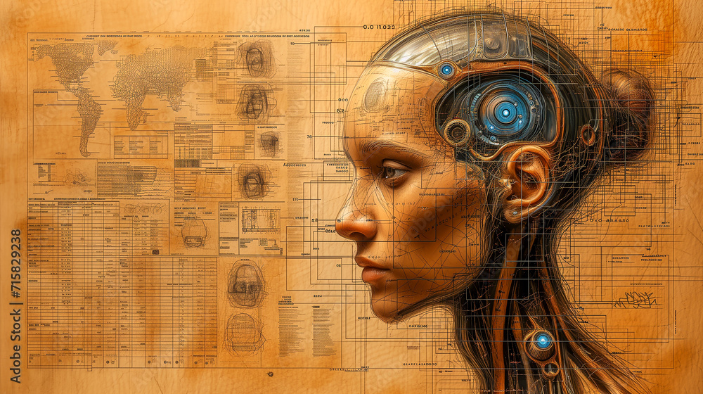 Ancient Drawing in the Style of Leonardo da Vinci with Cyberpunk Head ...