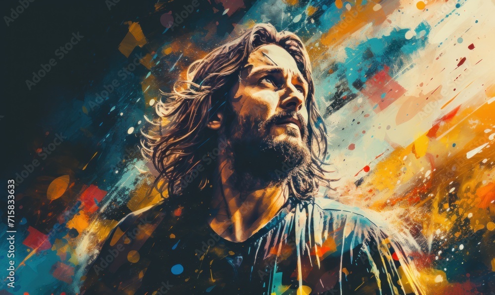 Jesus of Nazareth in loose, painterly style, dark gold and orange ...