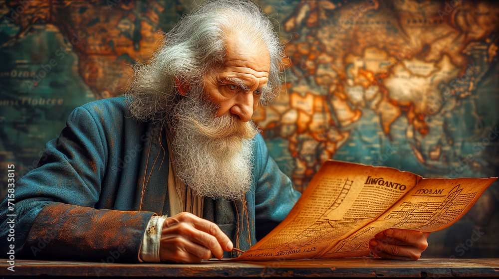 Leonardo da Vinci and the World Map, ai generated Stock Illustration ...