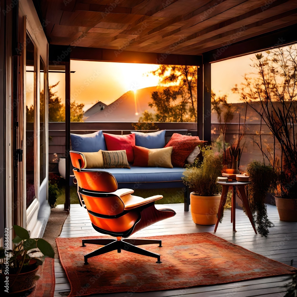 Eames chair on a patio, reflecting the colors of a vibrant sunset in a ...