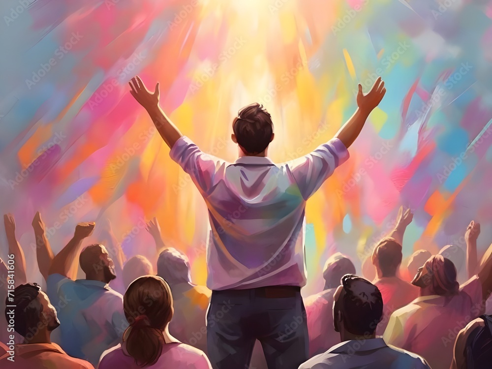 The man raises his hands to praise and glorify God. A man rejoices ...