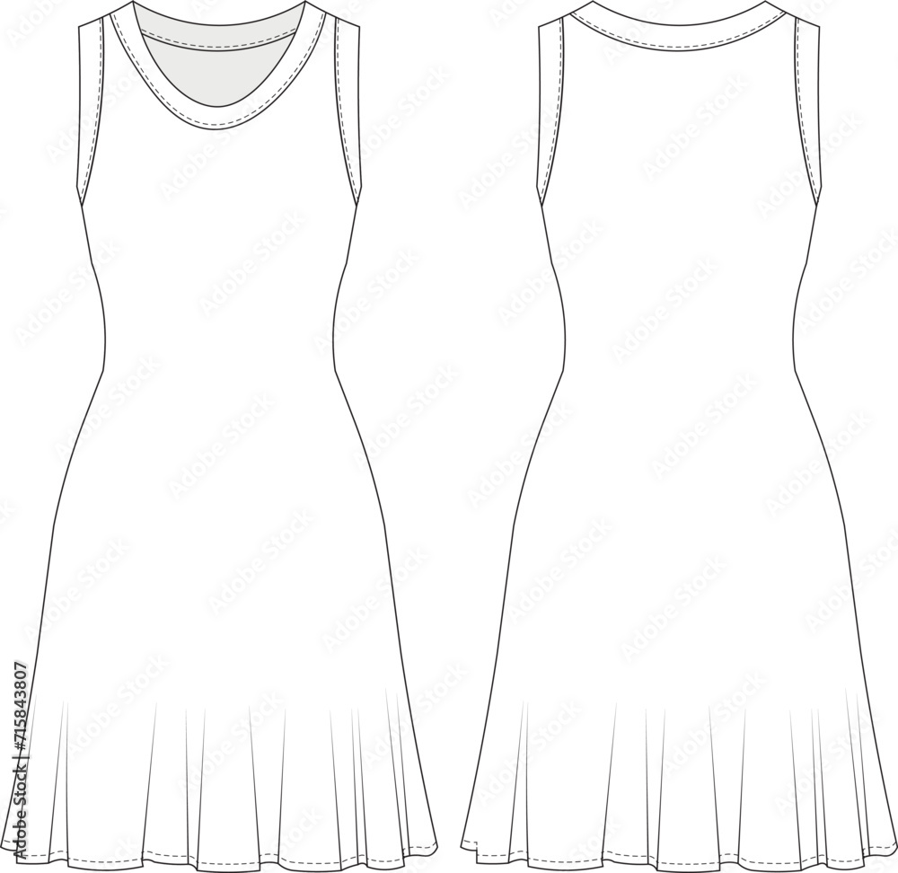 sleeveless flared u neck a line short dress template technical drawing ...