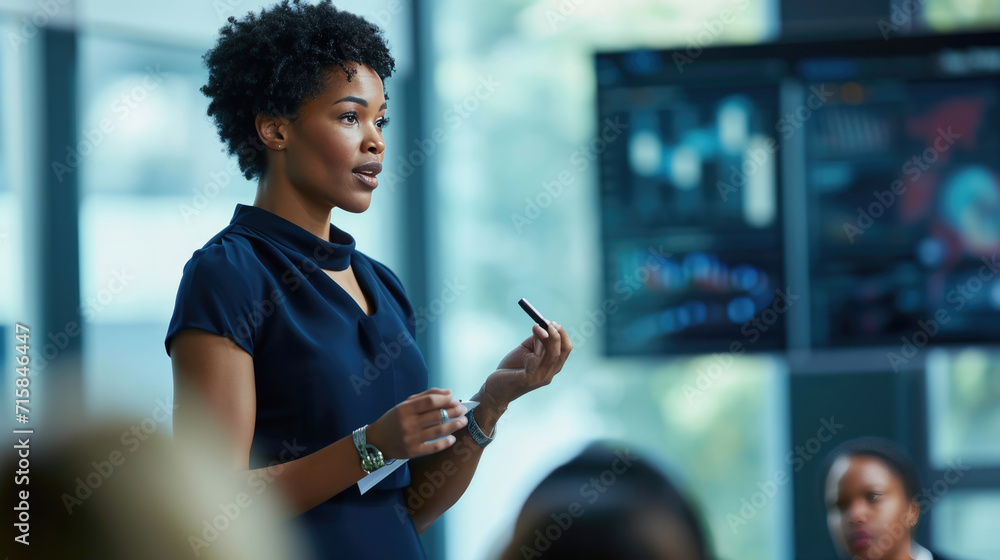 Professional woman giving a presentation or lecture to an audience ...