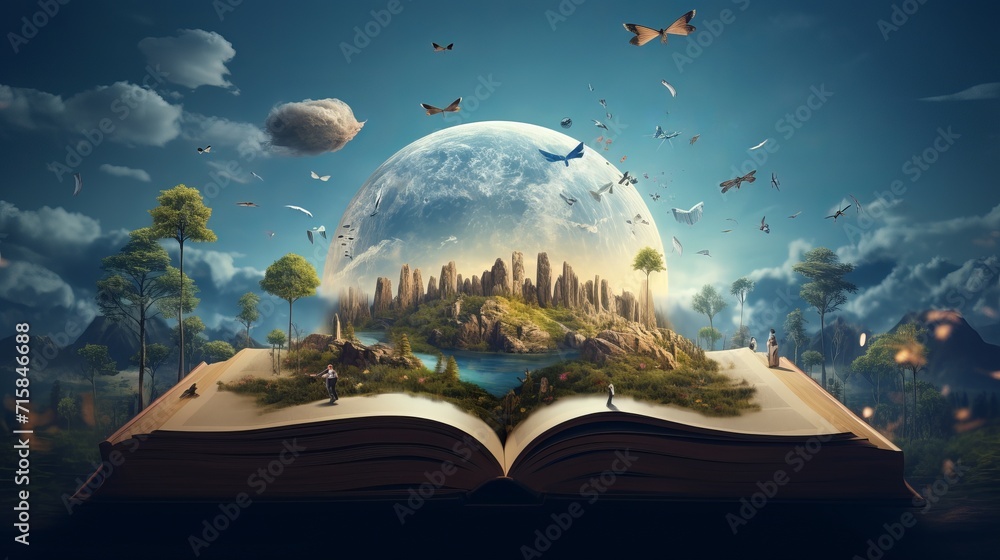 Moonlit Storybook Landscape Unfolding from Open Book Pages Stock ...