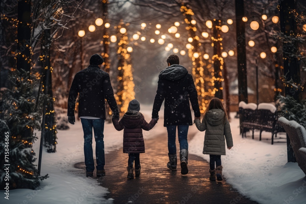 LGBT family embarks on an enchanting walk under the snow dusted trees ...