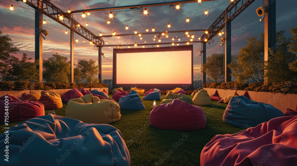 Outdoor cinema setup with a large movie screen and multiple colorful ...