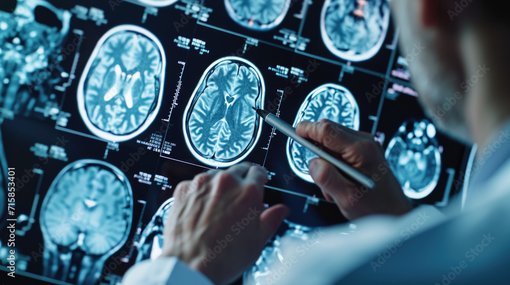 Medical professional analyzing a series of MRI brain scans displayed on ...
