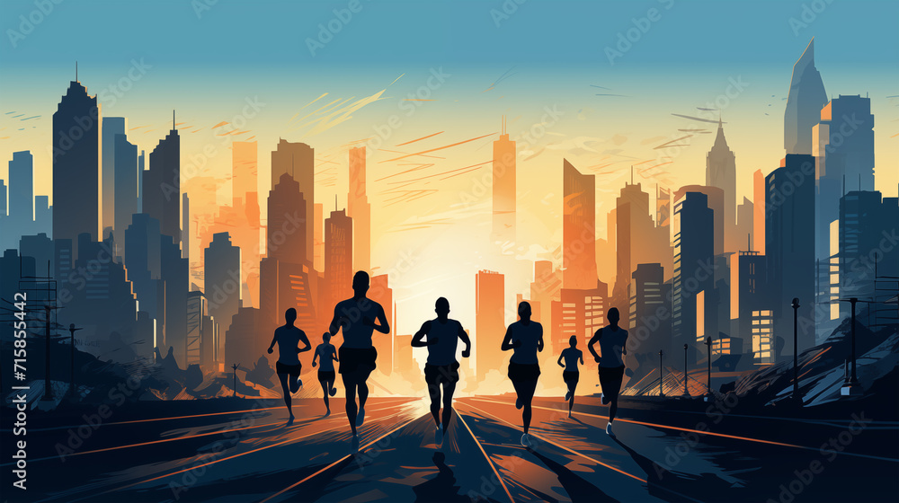 silhouette of running athletes in an urban environment. Marathon in the ...