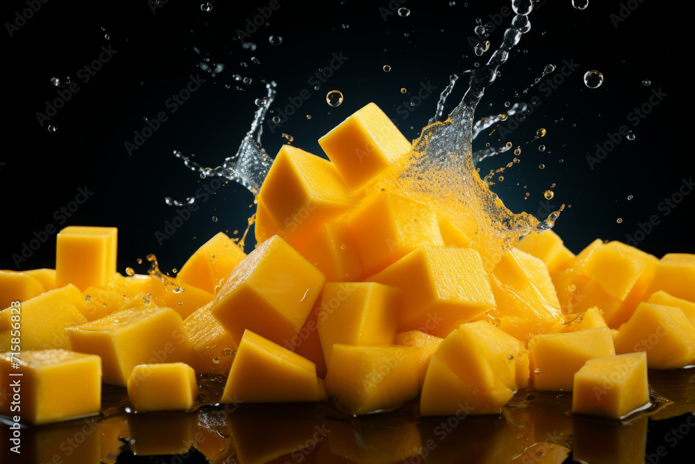 mango cubes in the air. falling, flying pieces of fruit and a splash of ...