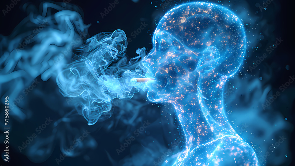 Holographic Anatomy Illustration of Smoker with Blue Smoke Effects ...