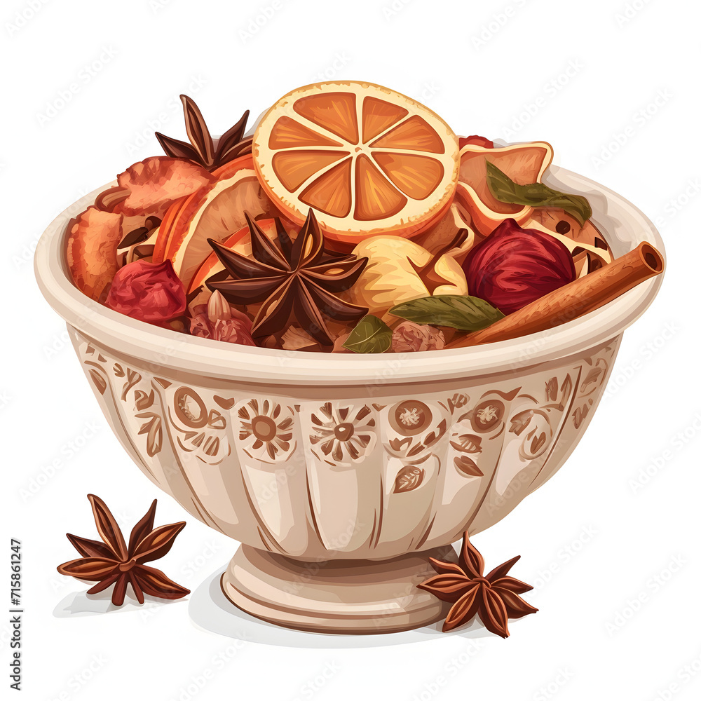 Decorative bowl with potpourri isolated on white background, cartoon ...