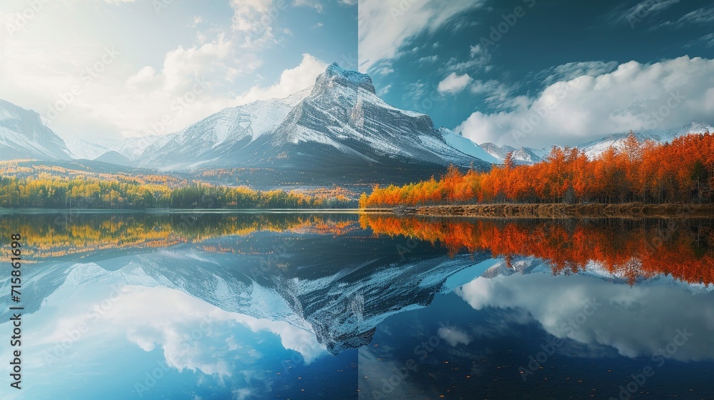 Split in half picture of a mountain and a lake generative ai Stock ...