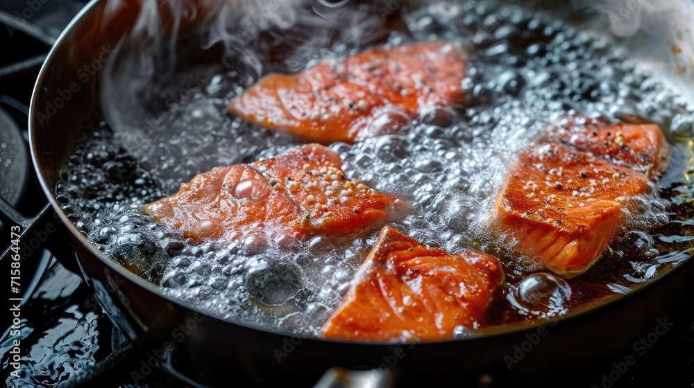 Red fish tuna salmon steak fry boiling cooking in oil wallpaper ...