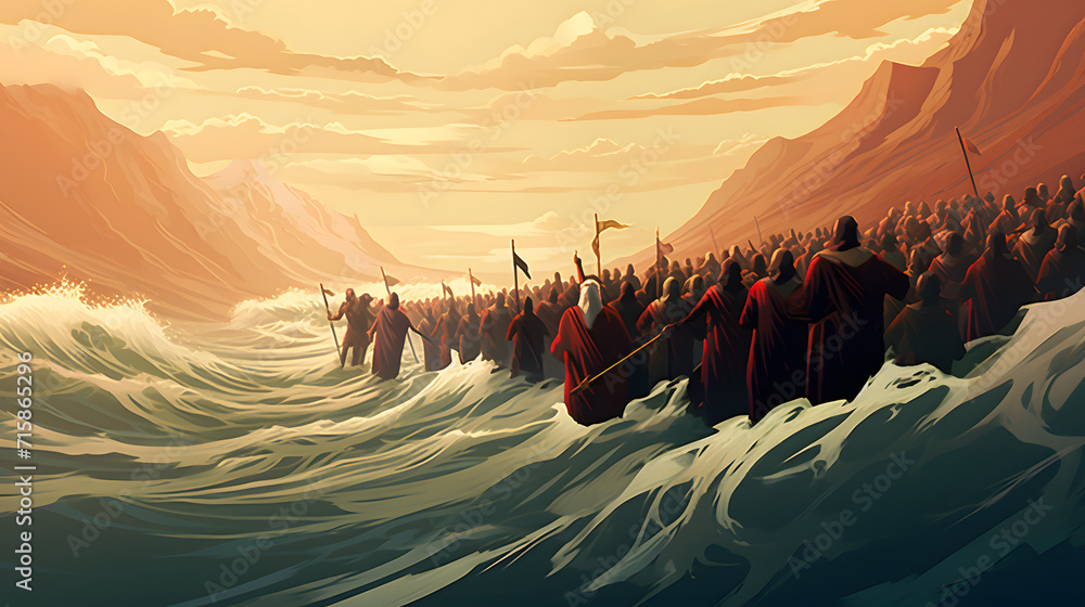 Exodus of the bible, Moses crossing the Red Sea with the Israelites ...