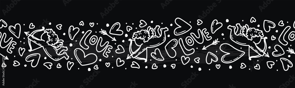 Black white seamless border with linear hearts,Cupid,arrow,hand ...
