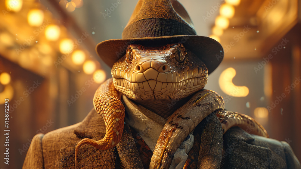 Sophisticated snake slithers through city streets, adorned in tailored ...