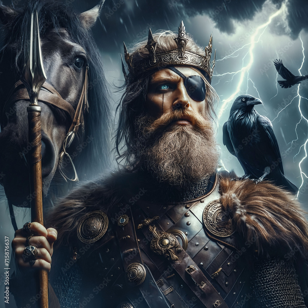 The great Nordic one-eyed god Odin with his ravens Huginn&Muninn ...
