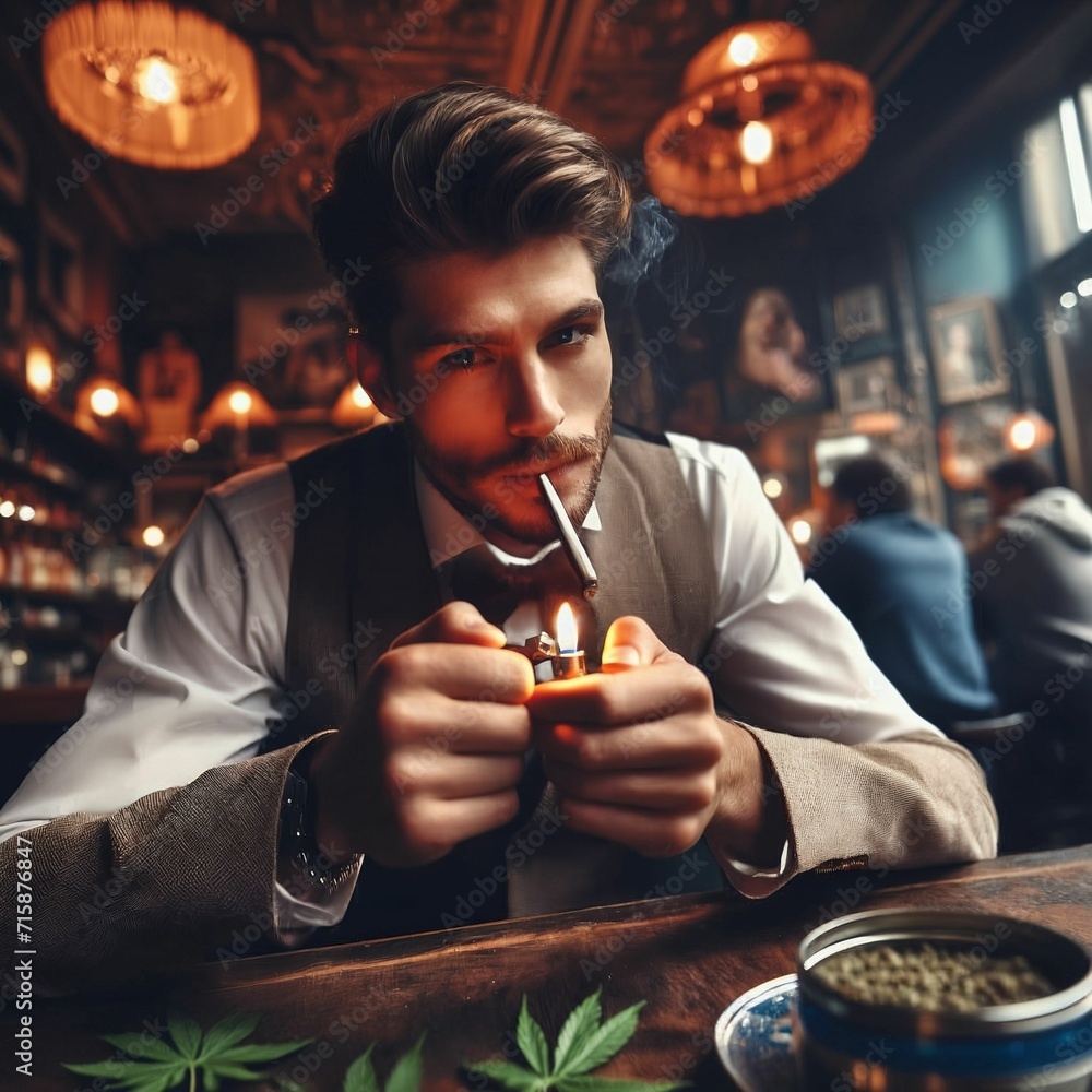 Young man smoking joint in a Cannabis Social Club. Guest or member of a ...