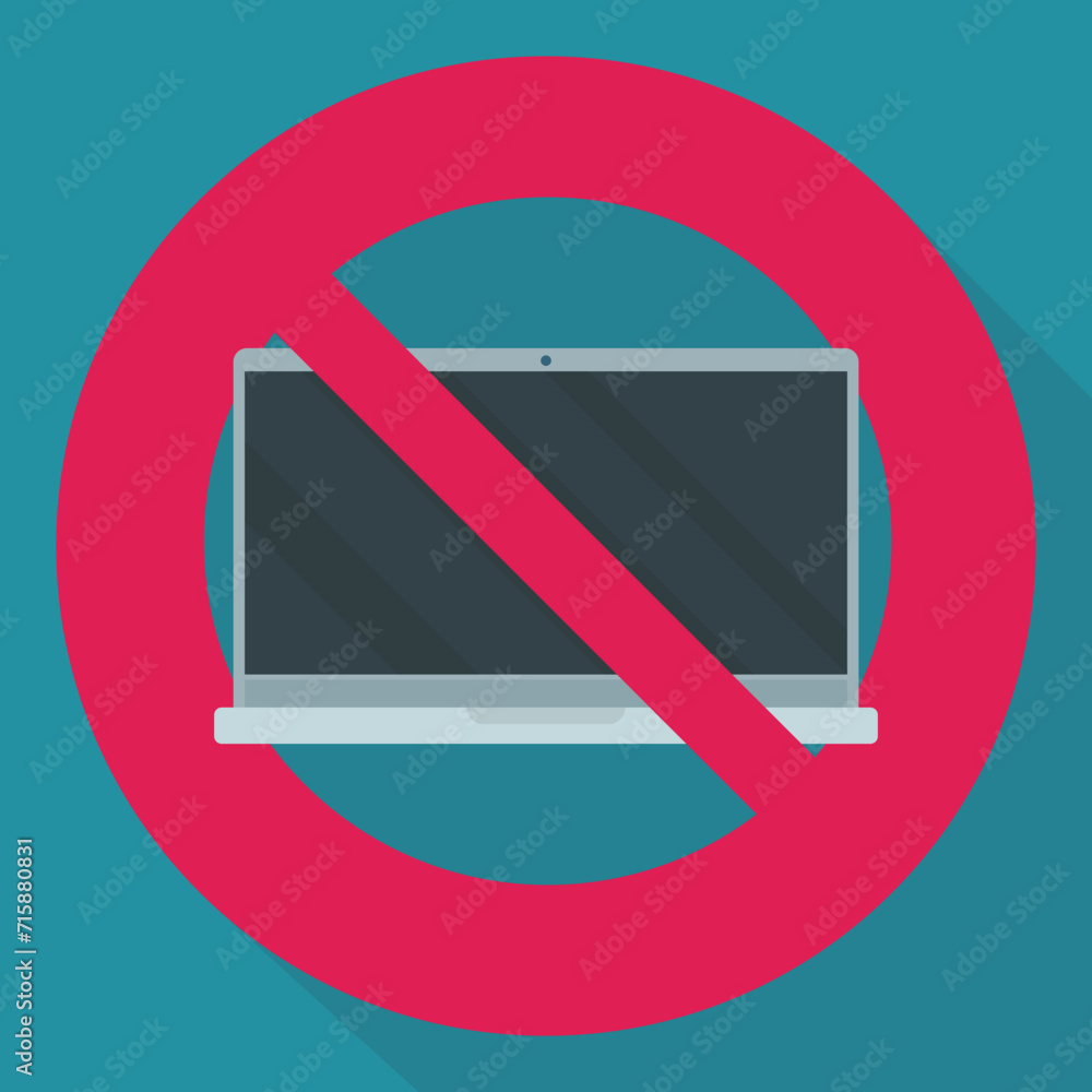 Open laptop crossed out by red circular prohibition symbol in flat ...