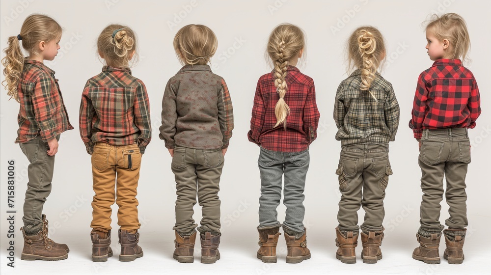 Children in plaid shirts and boots showing front and back views Stock ...