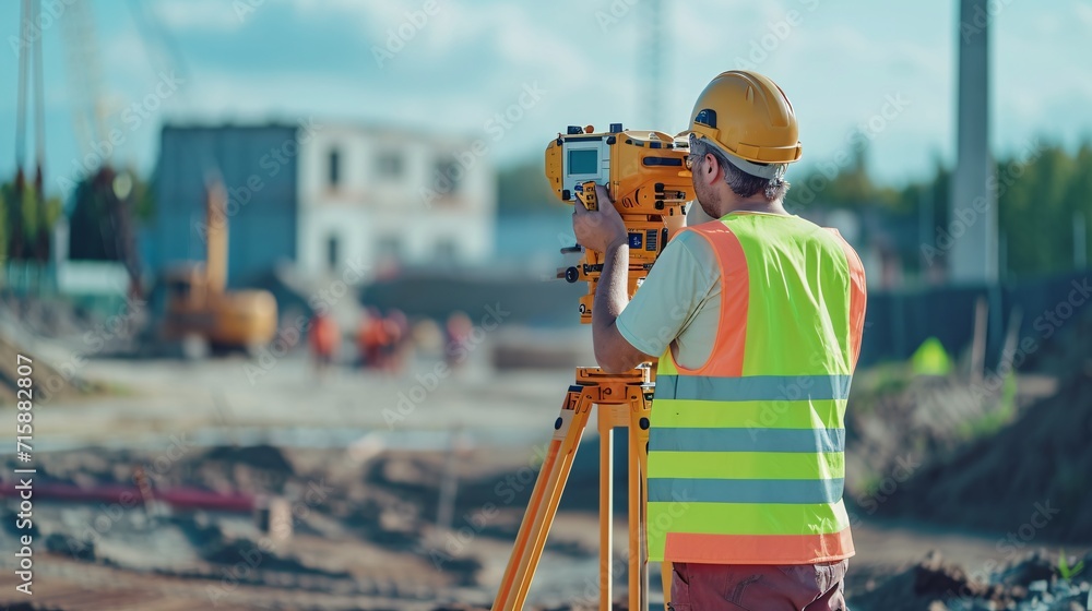 Construction site employee using theodolite level and transit tools to ...
