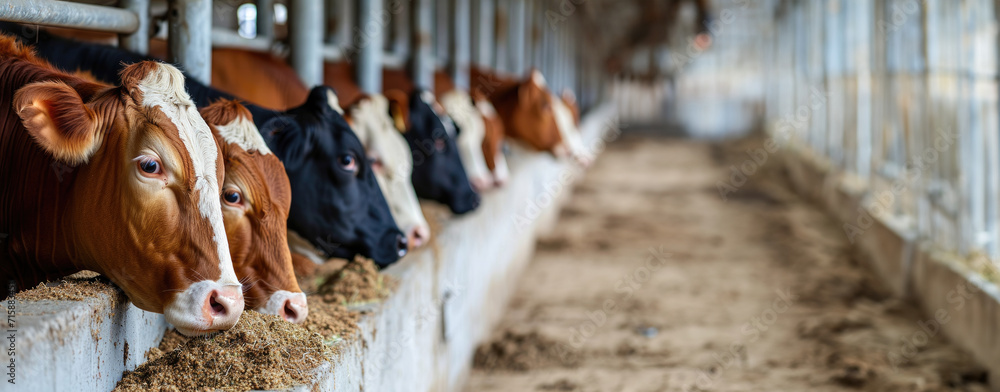 Group of cows at cowshed eating hay or fodder on dairy farm. Healthy ...