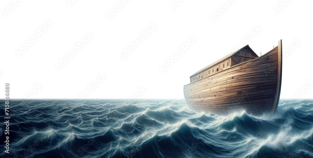 Noah's ark. Isolated transparent background. Stormy ocean. Biblical story. One couple of animals ...