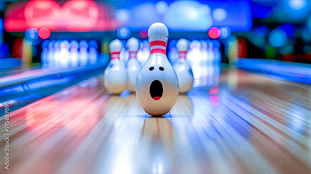 shocked-faced bowling pin in the center of a bowling alley lane with a ...