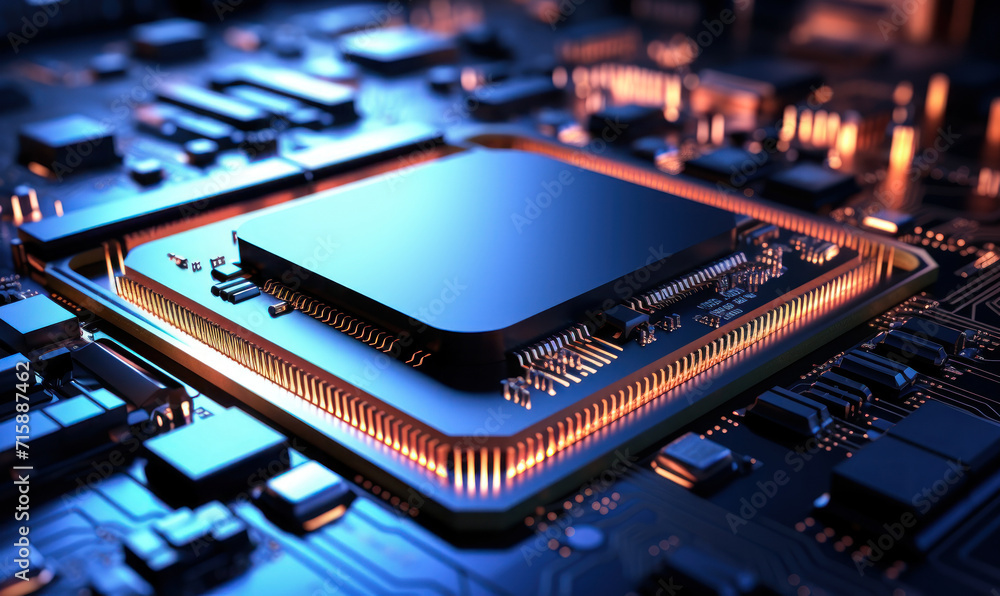 High-tech microprocessor chip on a motherboard, a concept of advanced technology, computing ...