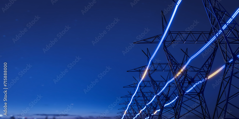 High voltage electric transmission tower with glowing current line ...