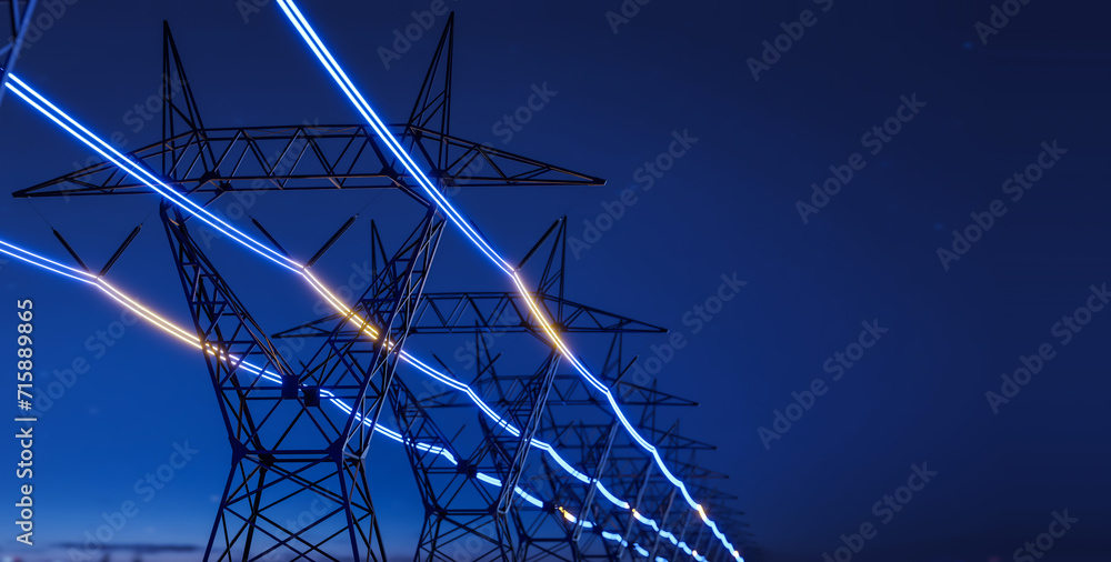 High voltage electric transmission tower with glowing current line ...
