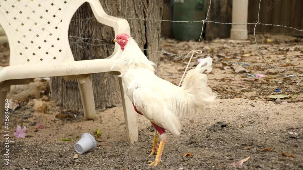 A fighting rooster gets ready for its next fight, Colombia. Cackling or ...
