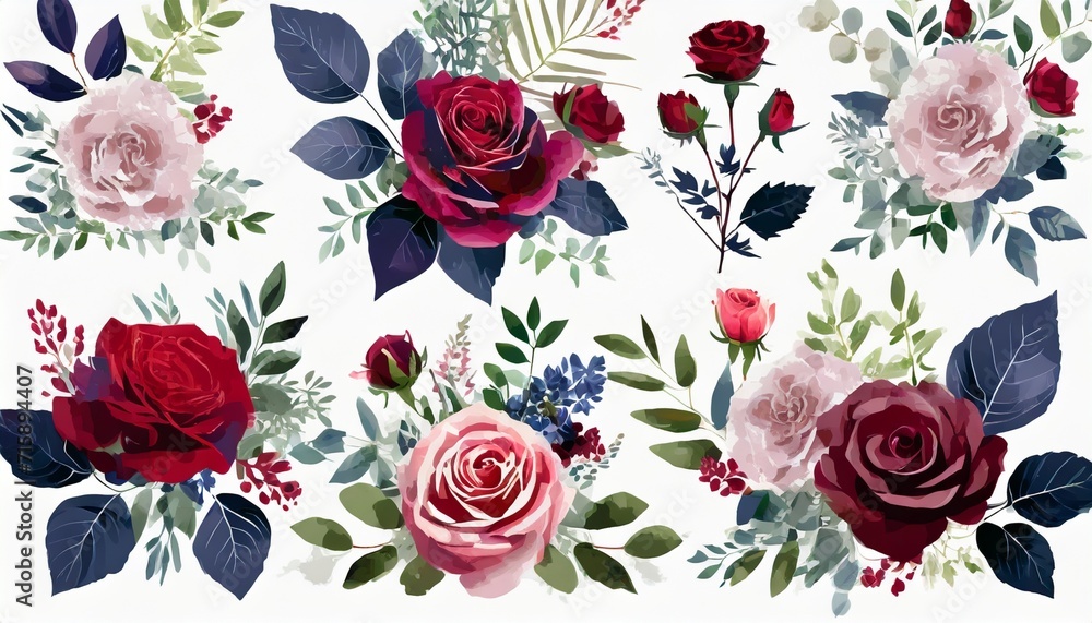 set of floral elements flower red burgundy navy blue rose green leaves ...