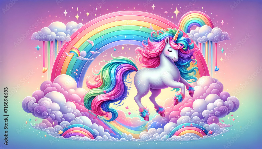 Rainbow Unicorn Fantasy. A vibrant unicorn prances in a fantasy world ...