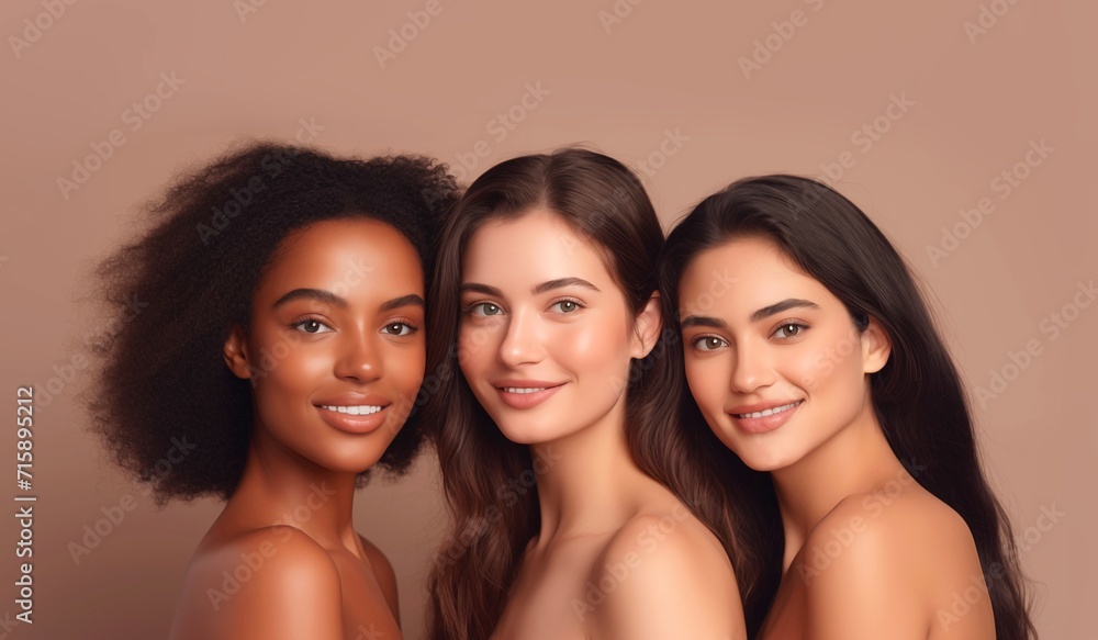 Three multiracial women in natural makeup with clean skin and smiling ...