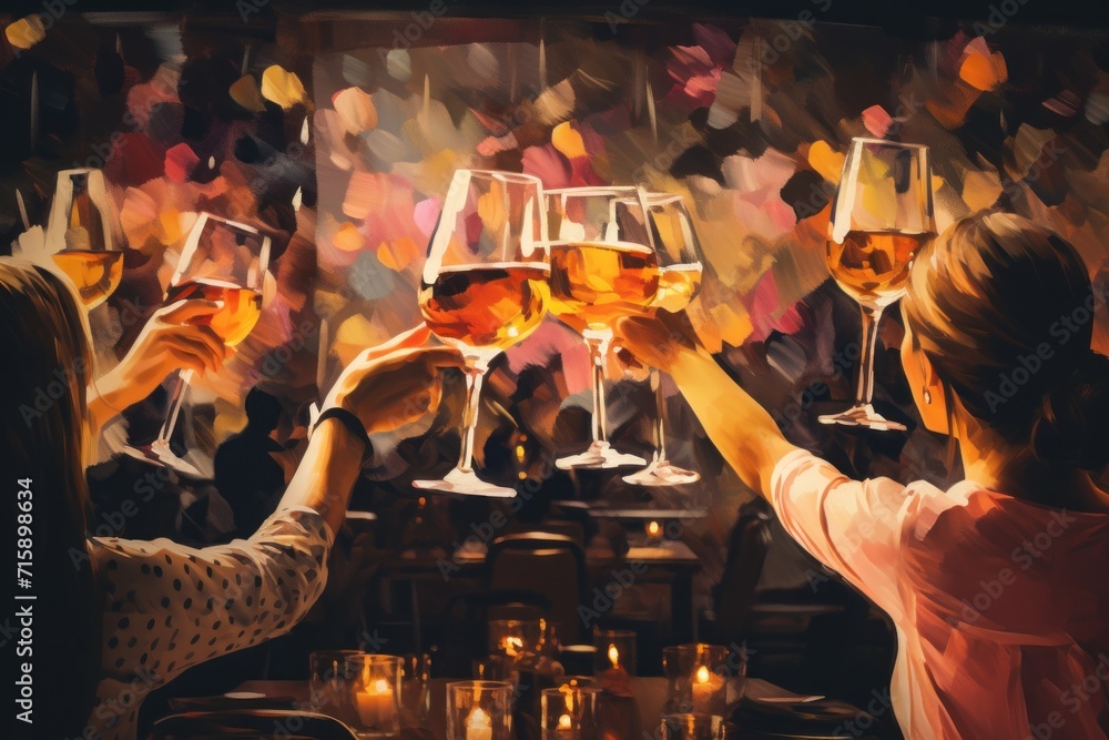 a painting of two women toasting with glasses of wine in front of a ...