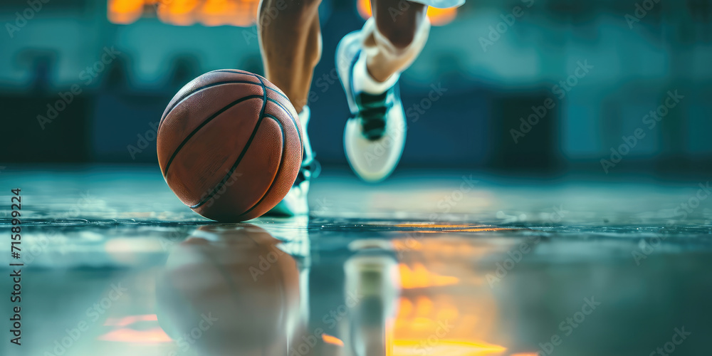 Dynamic Basketball Court Action Close-Up. Basketball player male legs ...