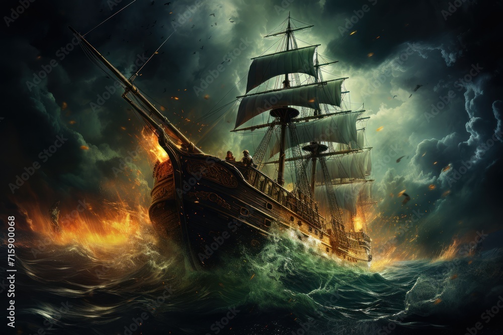 a painting of a ship in the middle of the ocean with a lot of fire ...