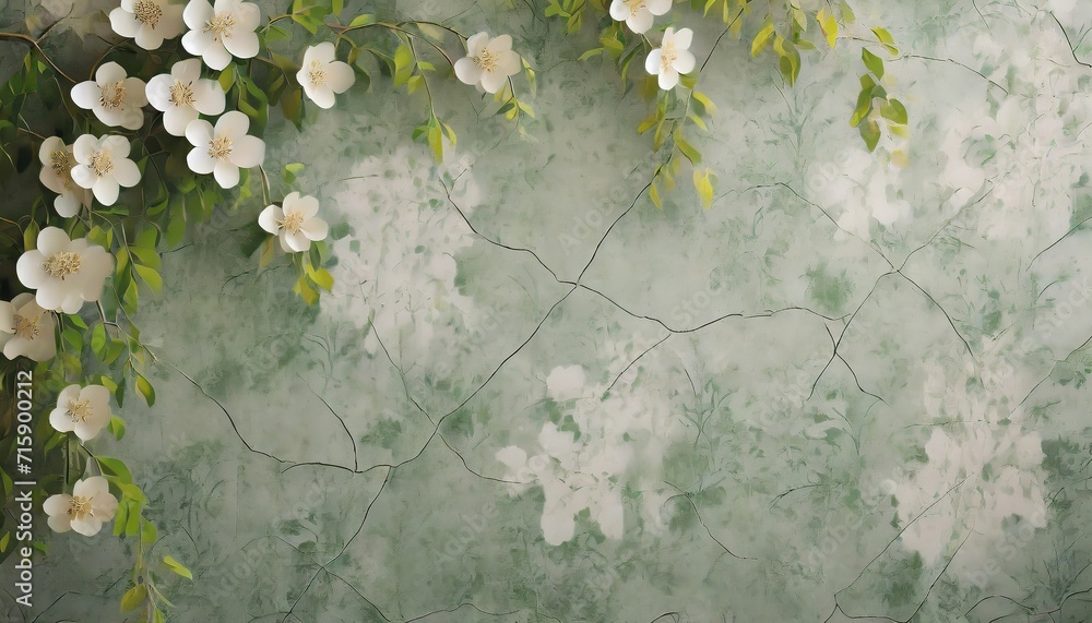 texture wall cracked background which depicts branches with flowers ele ...