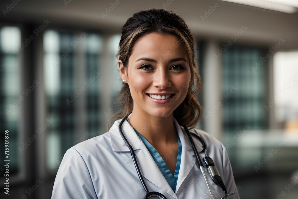 A professional portrait of a smiling female doctor or nurse against a ...