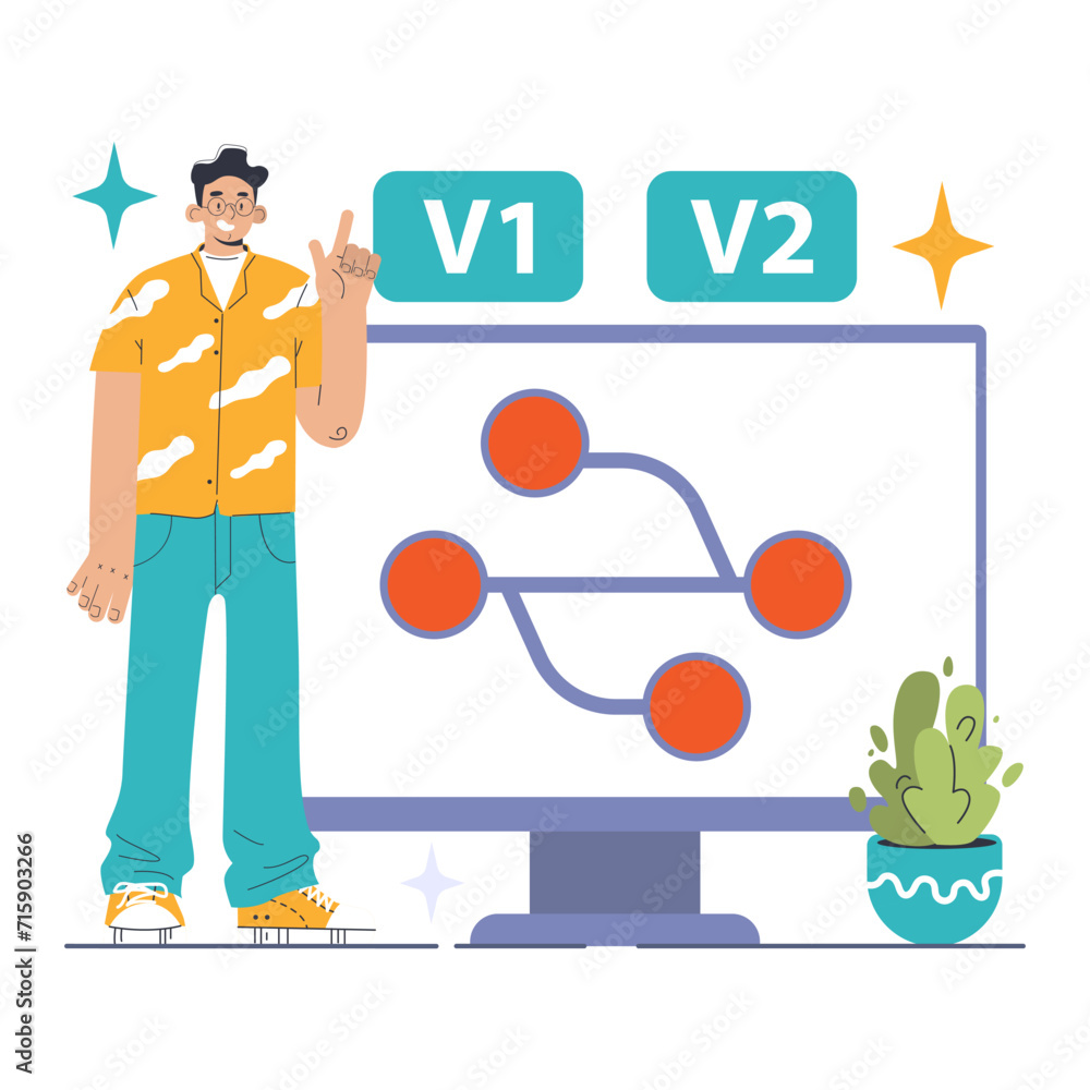 Version Control concept. Trendy developer showcasing progression from ...