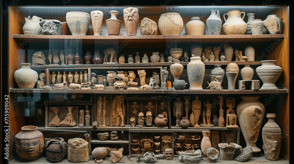 Artifacts arranged in a display case at an archaeological museum ...