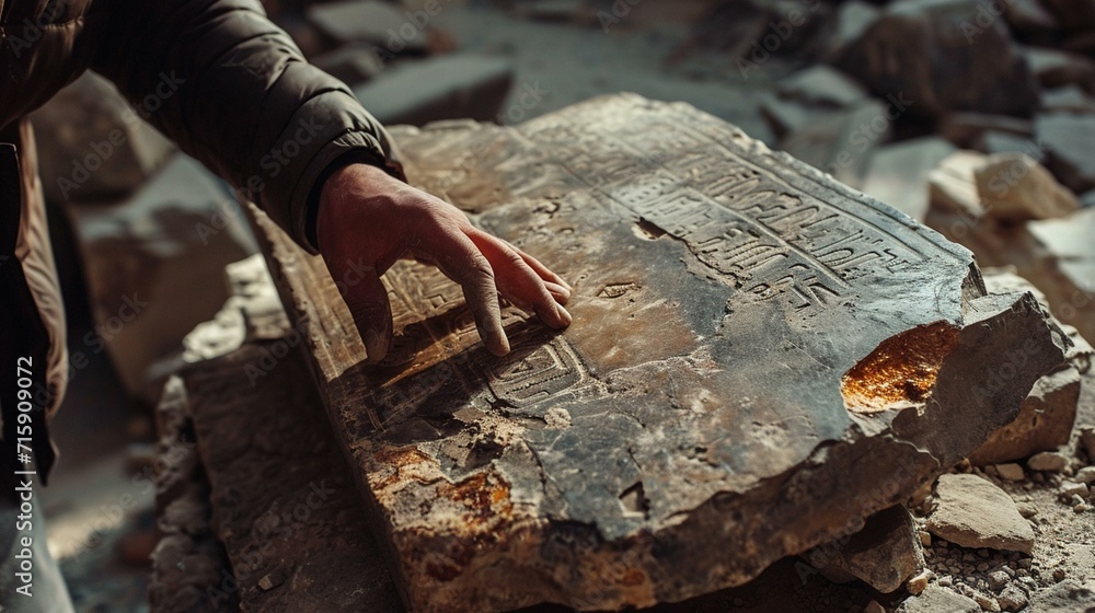 Ancient inscriptions and symbols on a stone slab being carefully ...