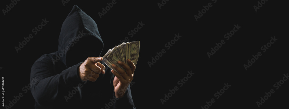 Portrait killer hacker mafia gangster spy man oneperson in black hoodie ...