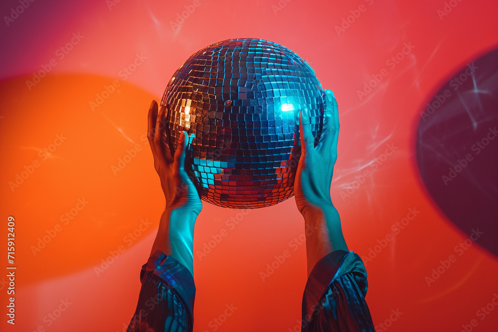 hands holding a disco ball aloft in a dynamic pose, with colorful light ...